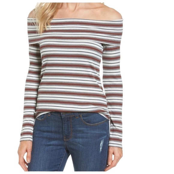 Halogen | Tops | Halogen Ribbed Knit Striped Onoff The Shoulder Stretch ...
